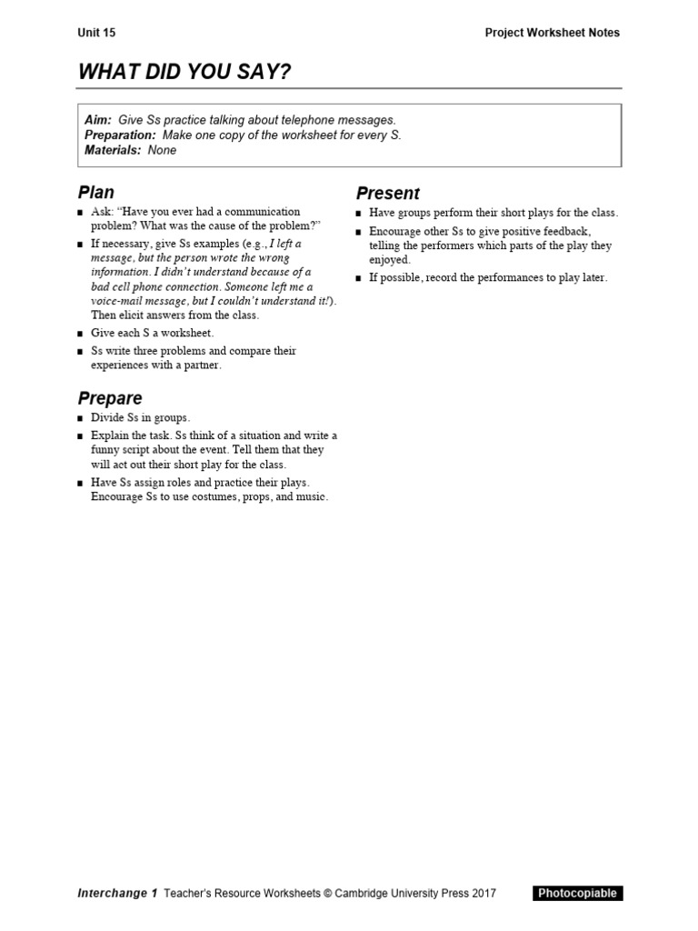 Interchange 1 - Unit 15 - Lesson 2 - Project Worksheet | PDF ...