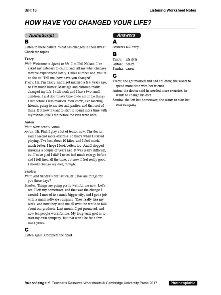 Interchange 1 - Unit 16 - Lesson 1 - Listening Worksheet | PDF