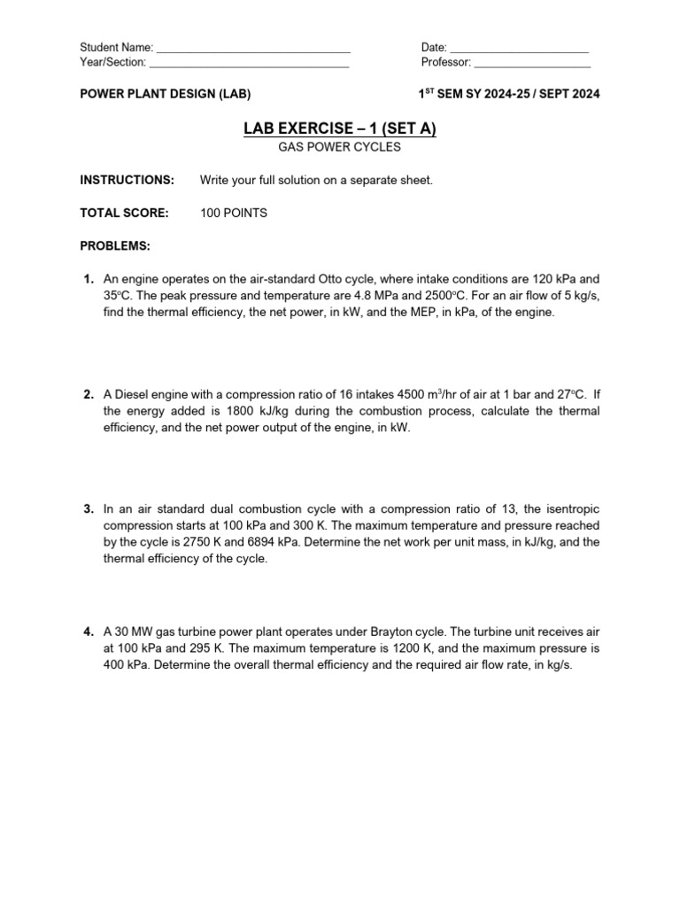 Lab Exercise 1 Power Cycles | PDF | Engines | Diesel Engine