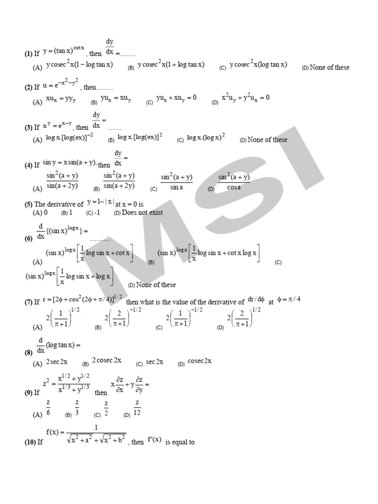 JEE Differentiation Mcqs | PDF | Trigonometric Functions | Mathematical Concepts