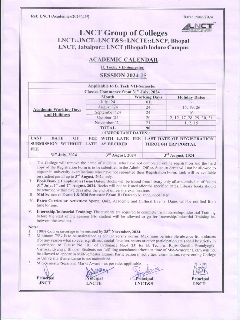 Academic Calendar B. TECH Vii Semester Session 2024 25 | PDF