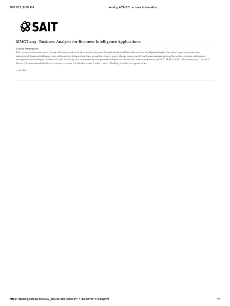 MMGT 205 - Business Analysis For Business Intelligence Applications | PDF