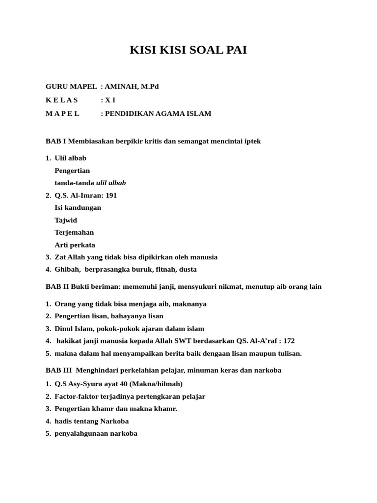 KISI KISI SOAL PAI (SISWA) - Copy | PDF