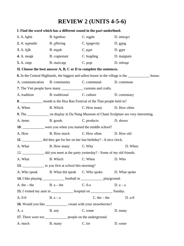 Bài tập Anh 8 Global Lưu Hoàng Trí 6. REVIEW 2 (UNITS 4-5-6) | PDF