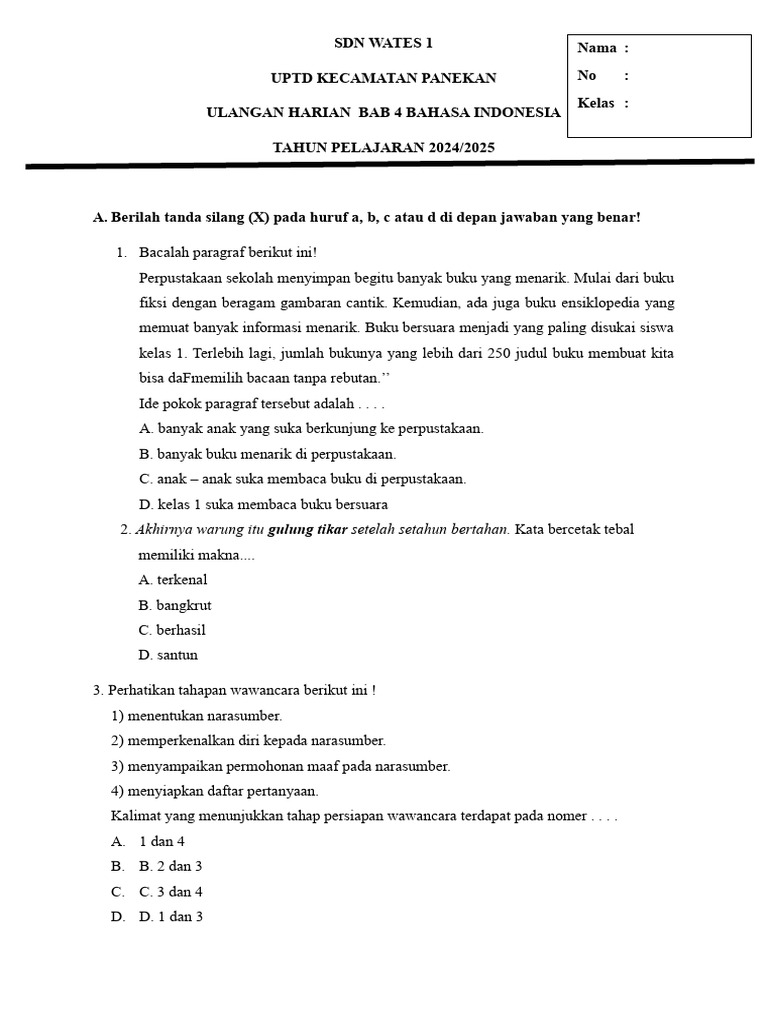 Ulangan Harian Bahasa Indonesia Kelas 1 | PDF