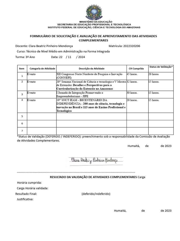 Horas Complementares Clara Beatriz | PDF