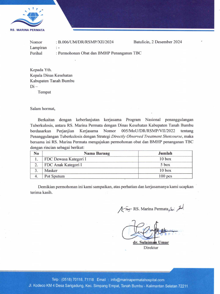 Surat - Permohonan Obat Dan BMHP Penanganan TBC - 02-12-24 | PDF