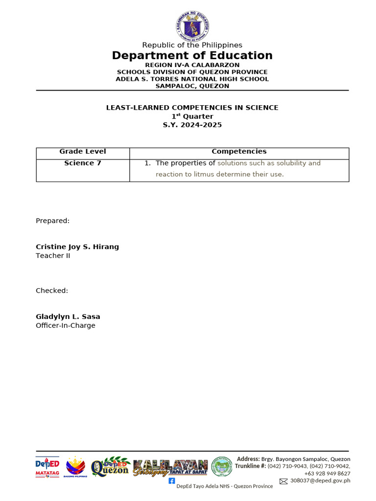 Least-Learned-Science 7 2024-2025 | PDF