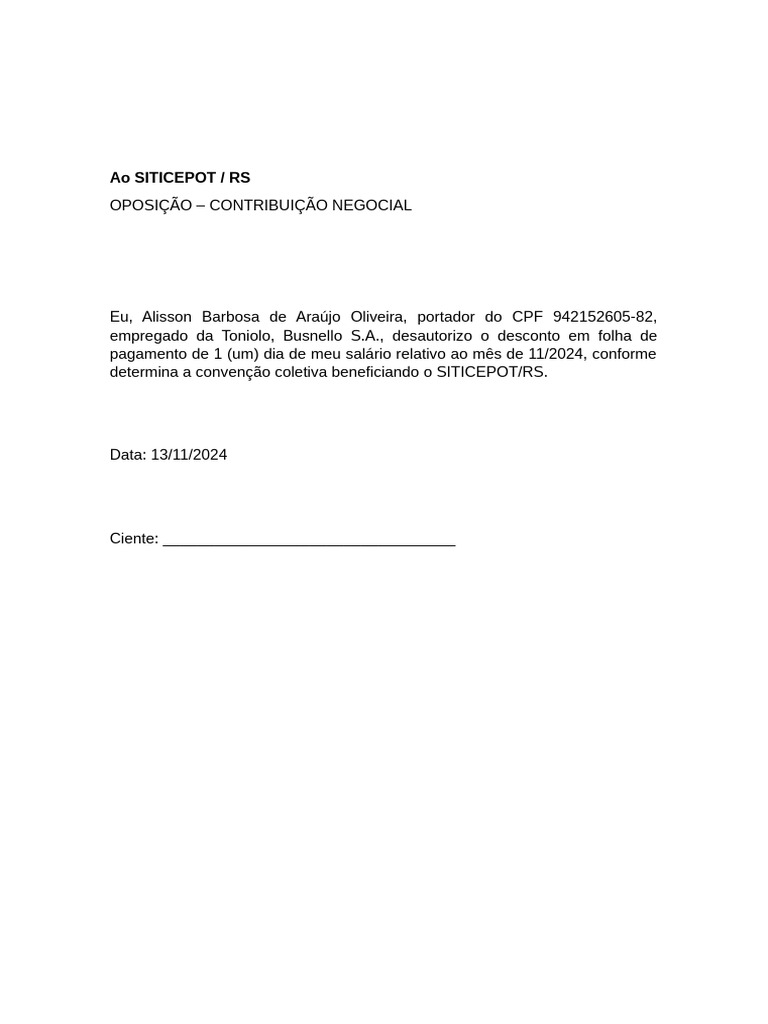 Modelo de Oposição Sindicato | PDF