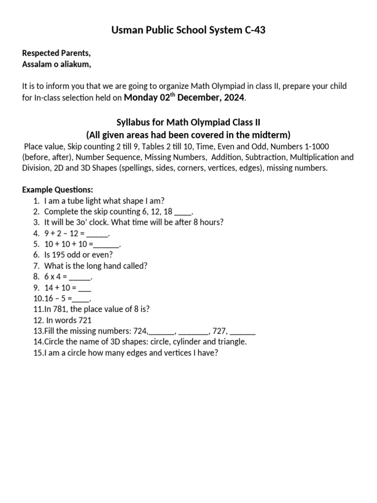 math olympiad syllabus class II | PDF