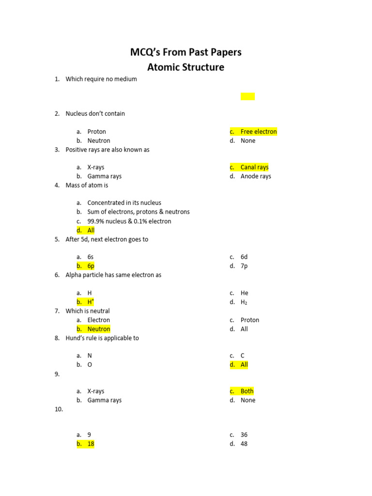 Atomic Structure MCQs from Past Papers | PDF | Electron | Neutron
