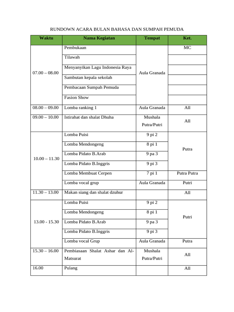 Rundown Acara Bulan Bahasa Dan | PDF