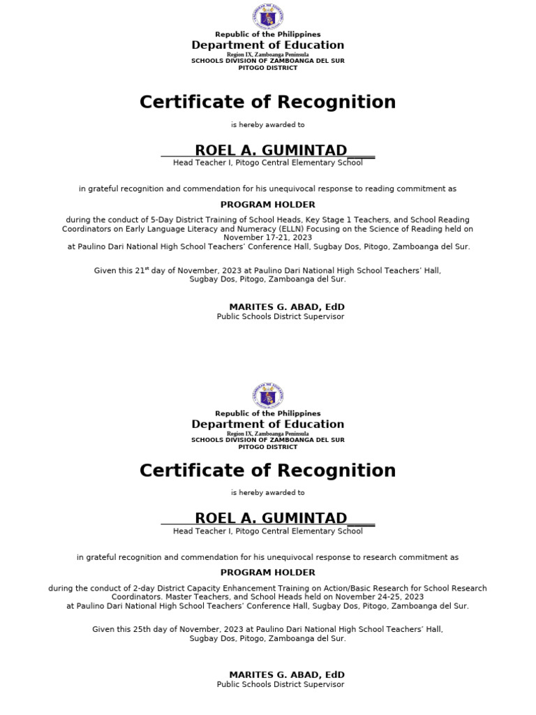 Certificate of Recognition-Gumintad R. | PDF | Human Communication | Behavior Modification