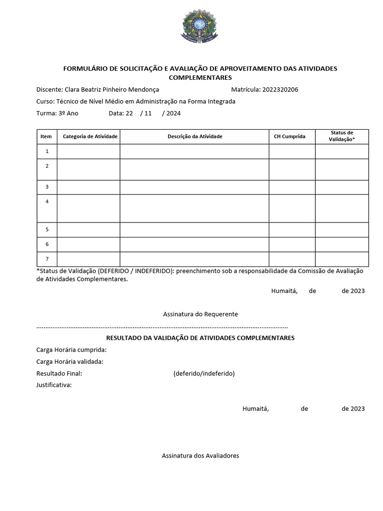 Horas Complementares Clara Beatriz | PDF