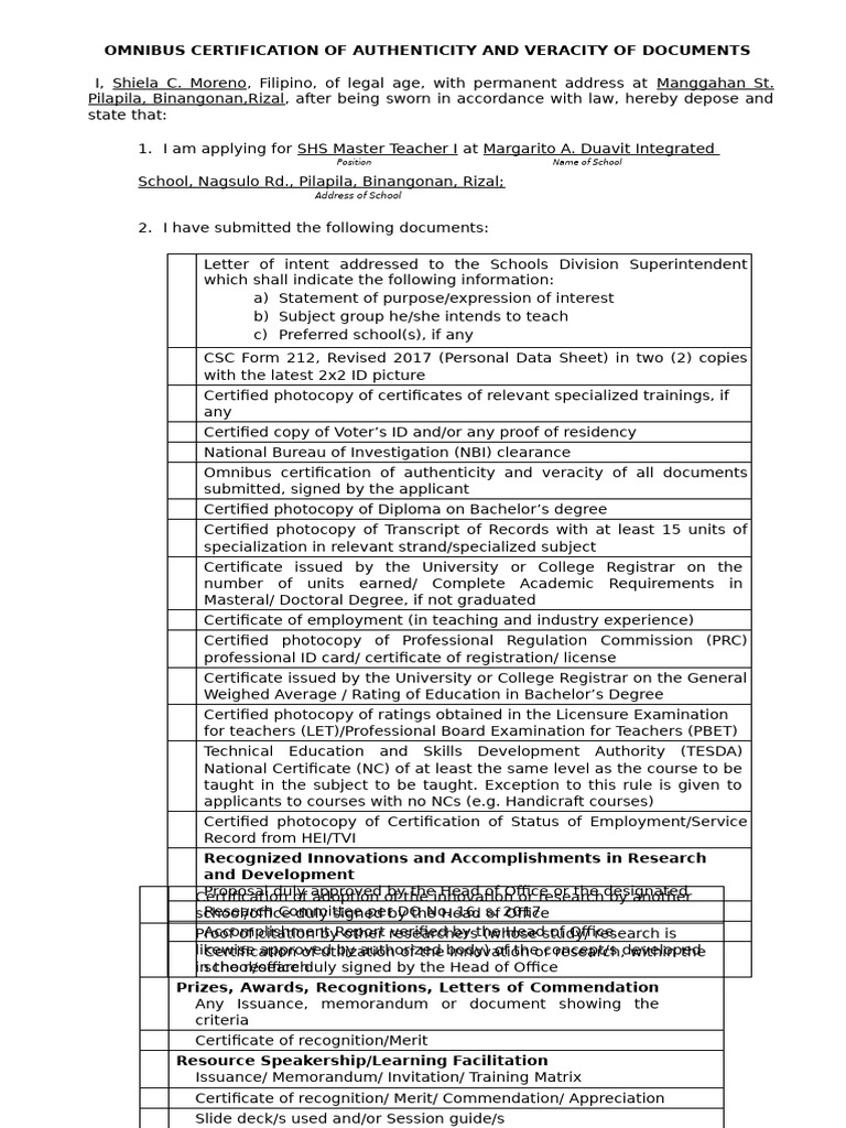 Omnibus Certification of Authenticity and Veracity of Documents | PDF ...