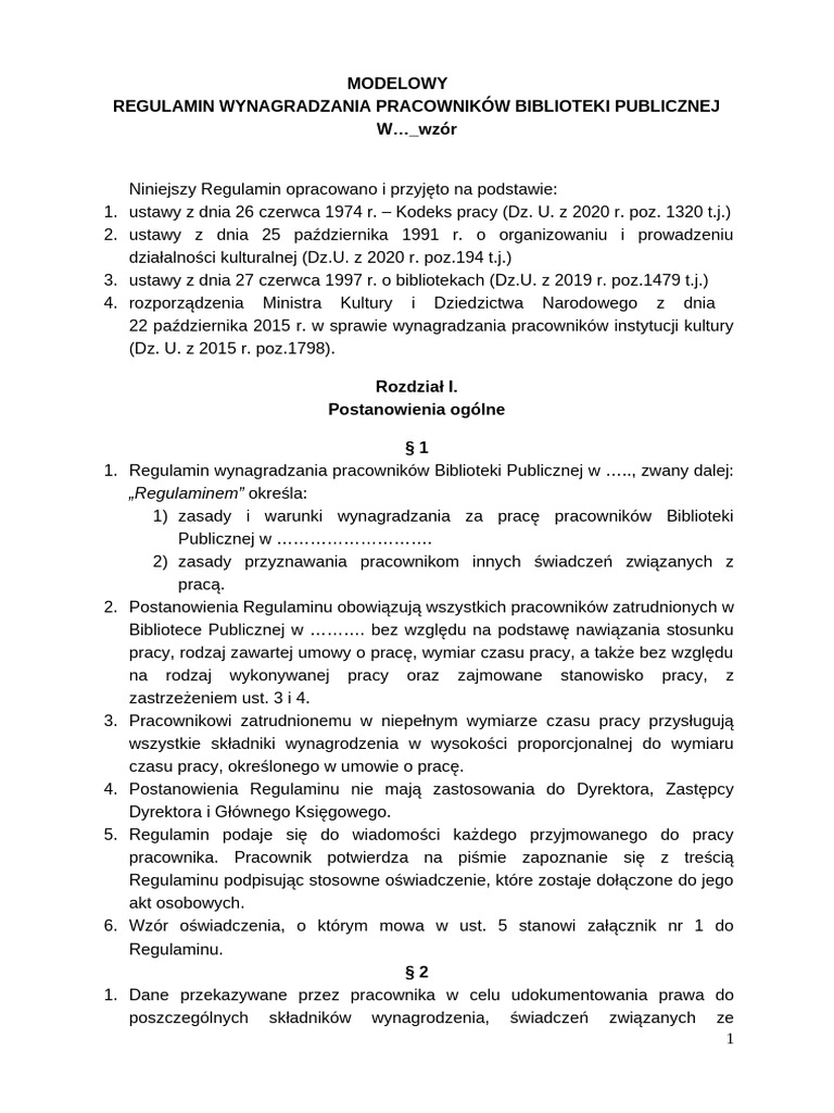 Modelowy Regulamin Wynagradzania Wzor 1 | PDF
