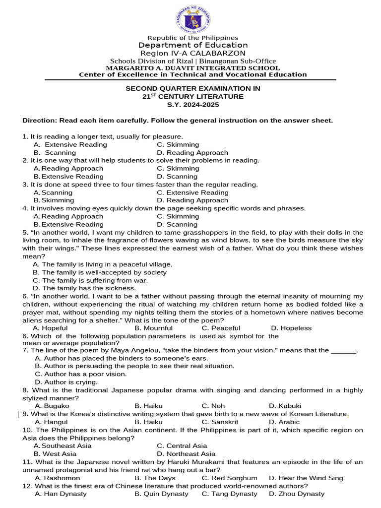 Second Quarter Examination in | PDF | Romanticism | Multimedia