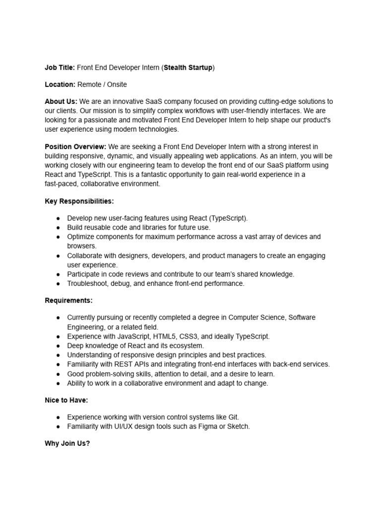 JD- Front End Developer Intern (Stealth Startup) | PDF | Software As A Service | User Interface