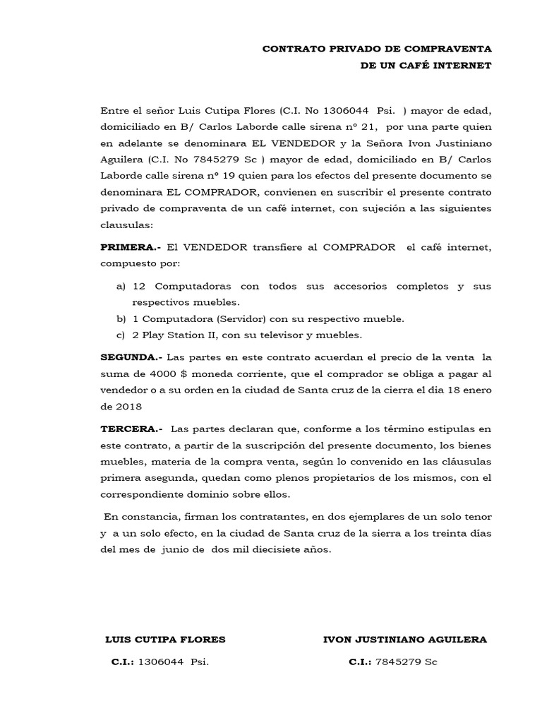CONTRATO PRIVADO DE COMPRAVENTA DE UN CAFÉ INTERNET | PDF