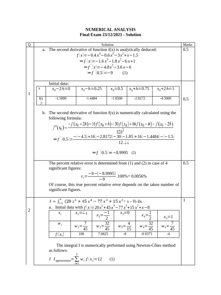 NUMERICAL ANALYSIS Solution of Final Exam 23-12-2021 | PDF | Mathematical Objects | Mathematics ...
