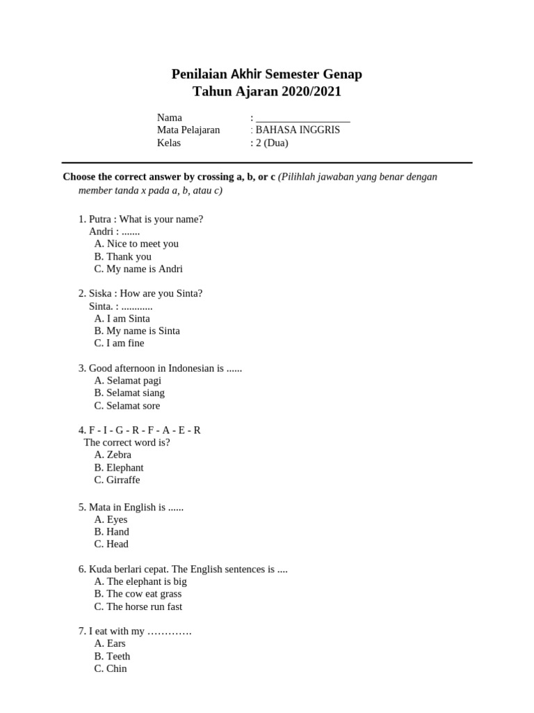 Contoh Soal UAS Bahasa Inggris SD Semester Genap Kelas 2 | PDF
