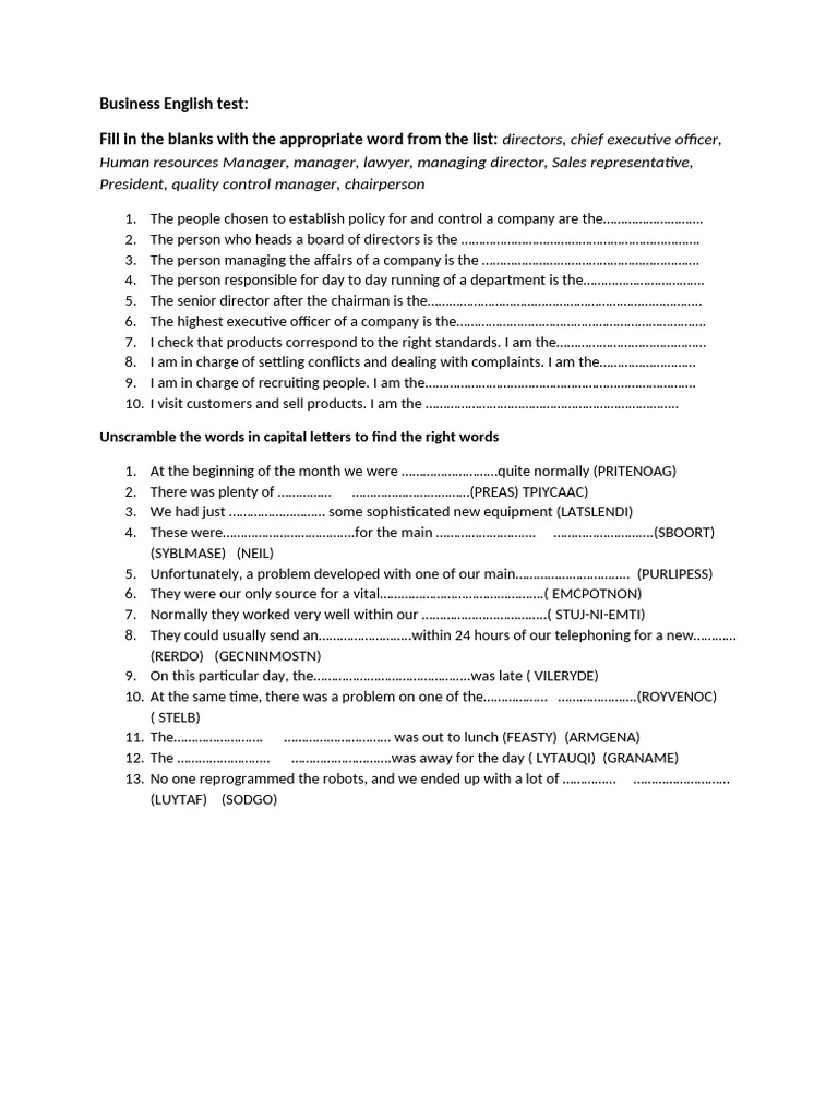 Business English Vocabulary Test | PDF