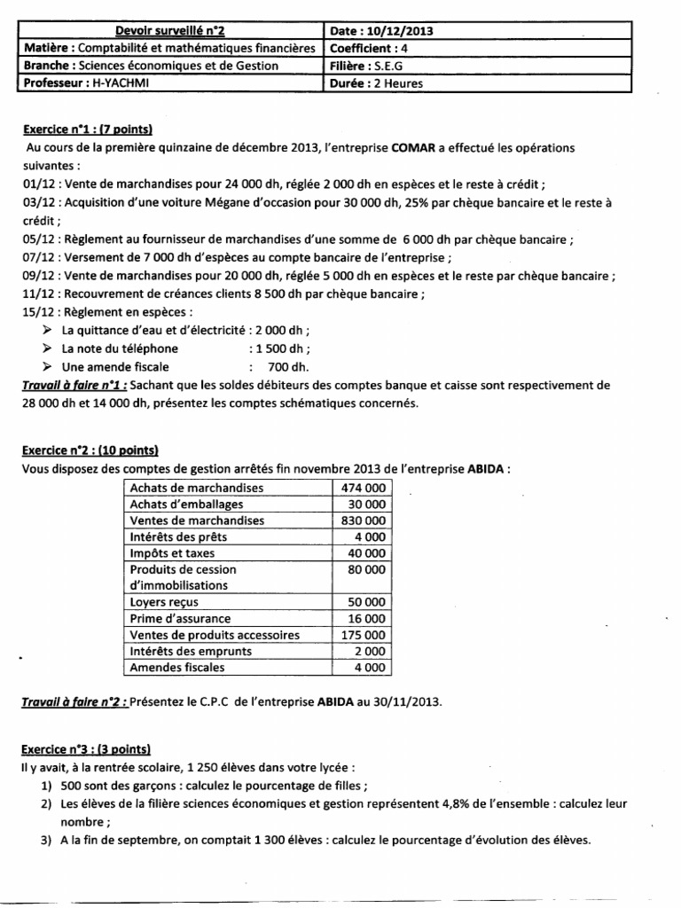 Devoir 2 Modele 5 Comptabilite 1 Bac Eco Semestre 1 | PDF