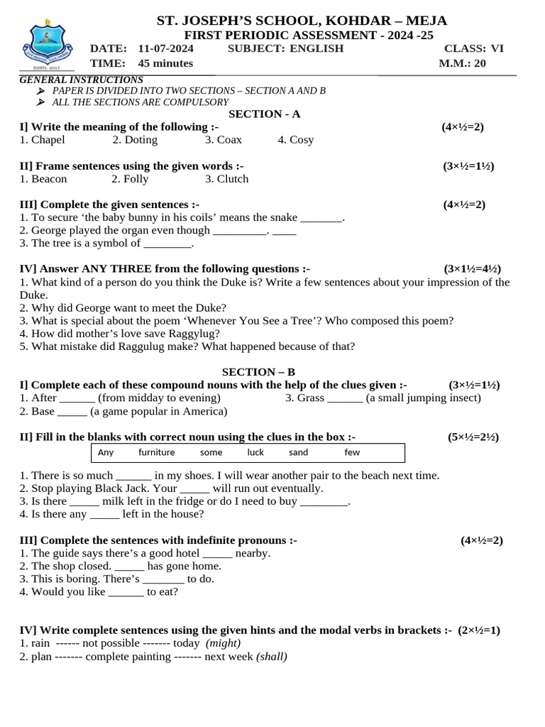 Class 6 Eng Ut 1 24-25 | PDF | Verb | Language Mechanics