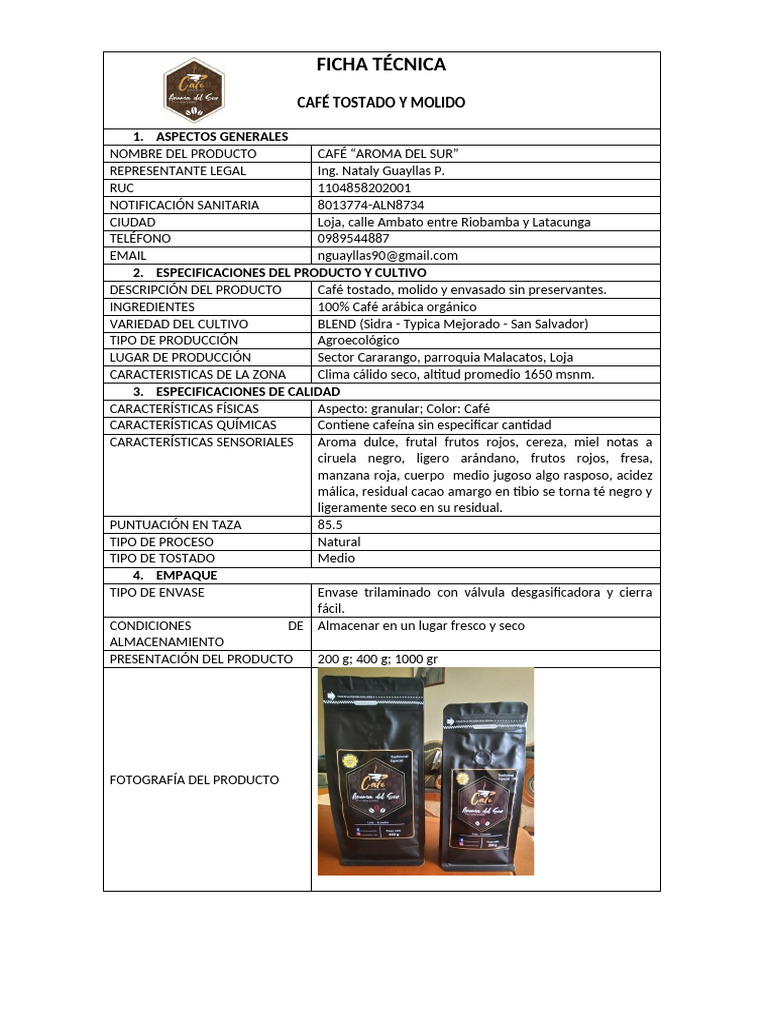 Ficha Técnica Café Aroma Del Sur - 092909 | PDF