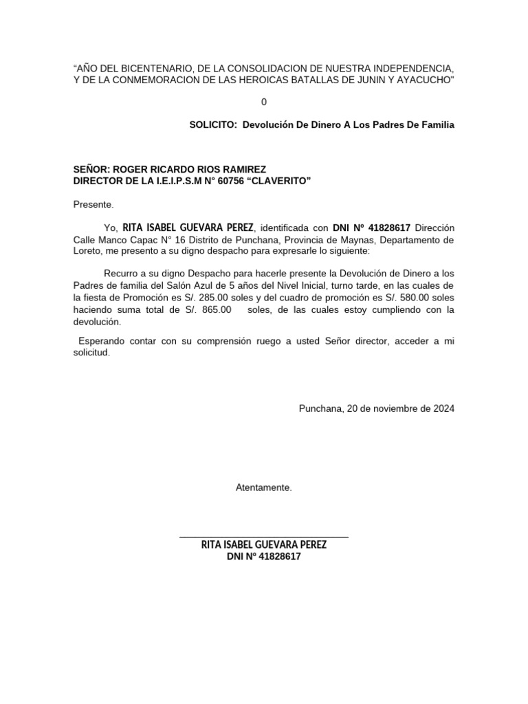 Solicito Devolucion de Dinero Rita | PDF