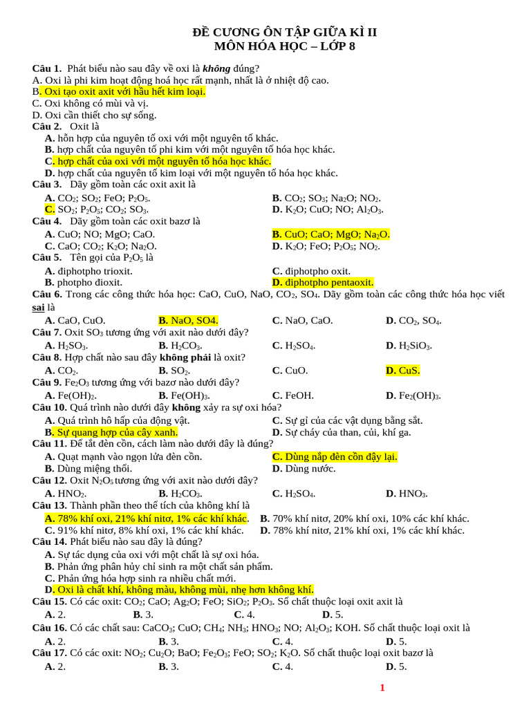 Hoa 8 - De cuong giua HKII - (1) | PDF