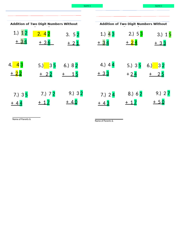 2 Addition of Two Digit Numbers Witout Regroupings | PDF