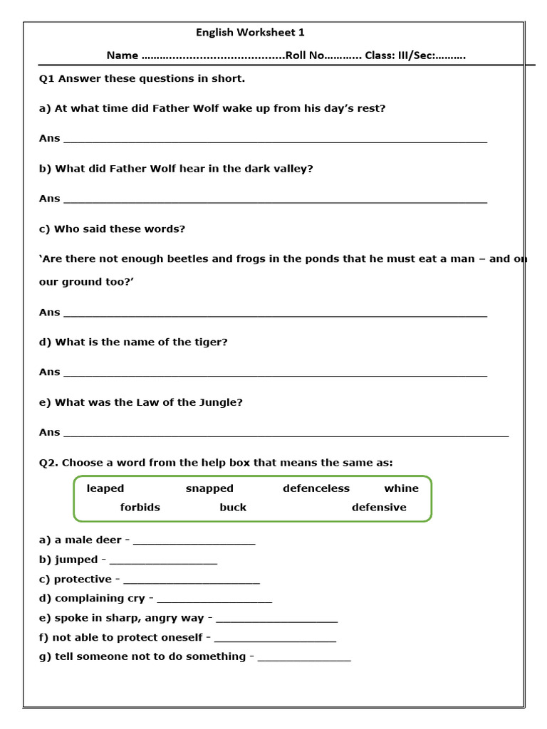 English Worksheet 1 | PDF