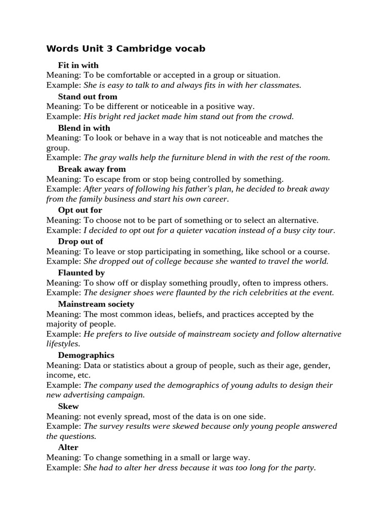 Words Unit 3 Cambridge Vocab | PDF