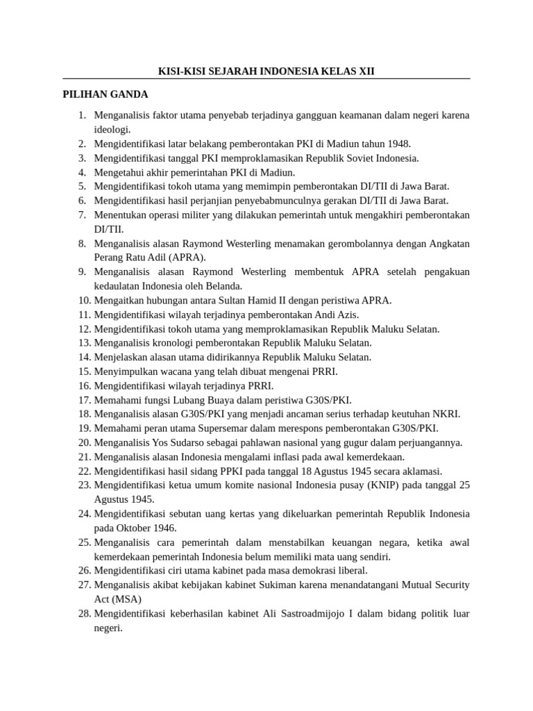 Kisi-Kisi Sejarah Indonesia Kelas 12 IPS | PDF