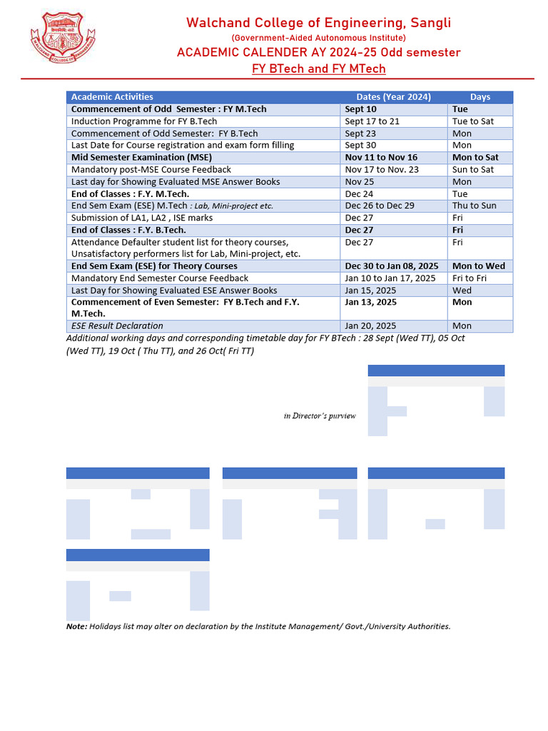 ACAD CAL 2024-25 Odd Semester - FY BTech and FY MTech | PDF | Career And Technical Education ...