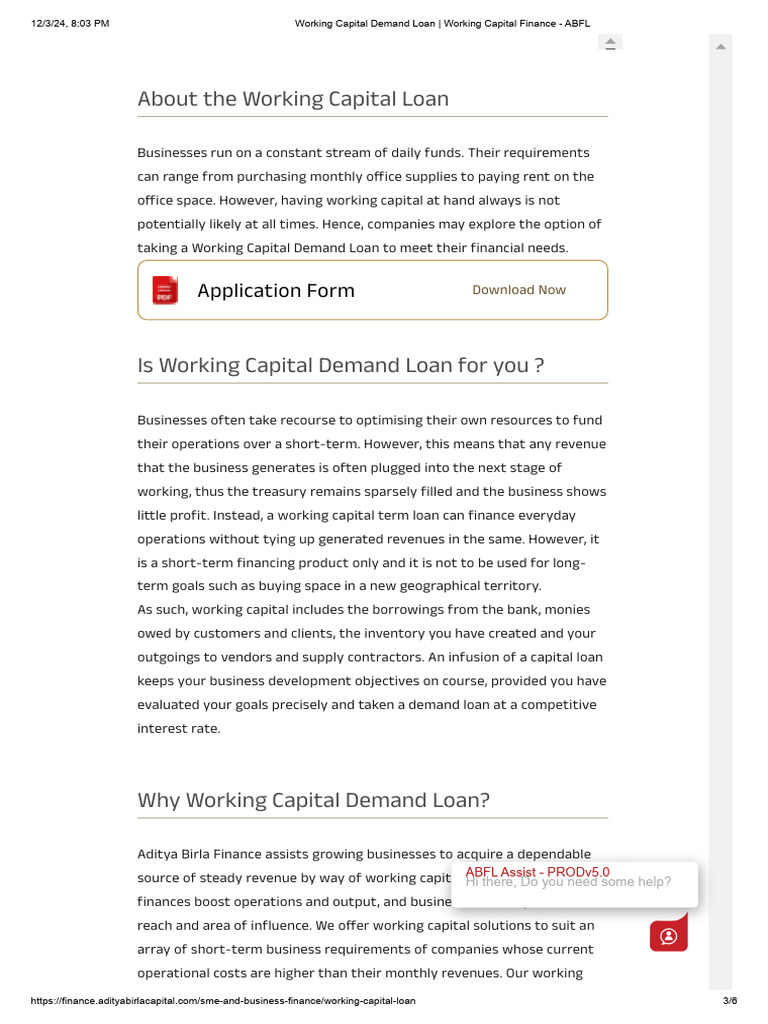 Working Capital Demand Loan - Working Capital Finance - ABFL | PDF | Loans | Capital (Economics)
