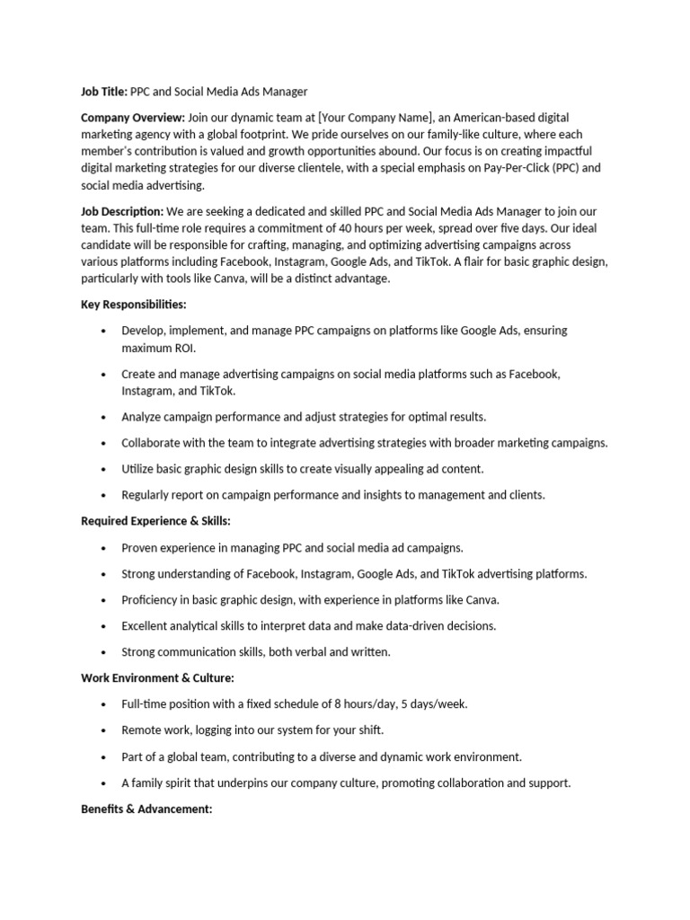 PPC & Social Media Marketer Job Description | PDF | Social Media ...
