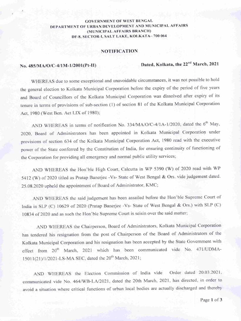 485-MA Appointment of Administrator of KMC | PDF | Kolkata | Government
