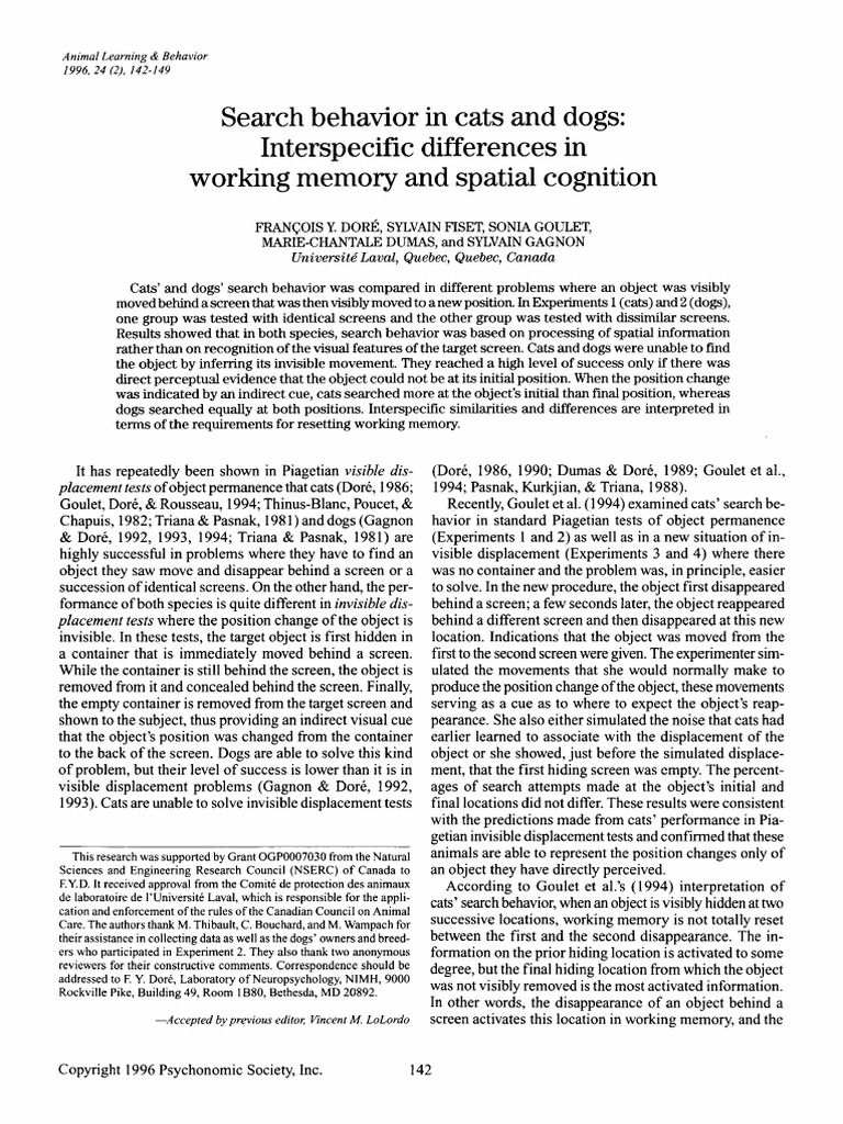 Search Behavior in Cats and Dogs: Interspecific Differences in Working ...
