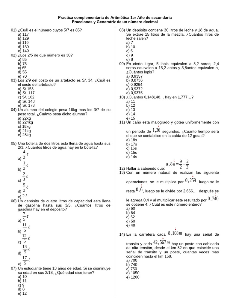 Practica Complementaria de Aritmética 1er Año de Secundaria-Fraccción y Generatriz | PDF ...
