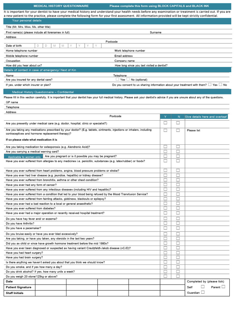 v22.3.17 Medical History Questionnaire 1 | PDF | Dentist | Hepatitis