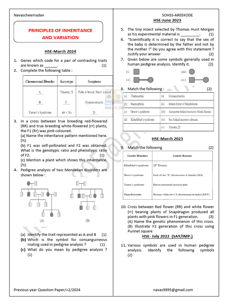 Hsslive-xii-zlgy-03-Principles of Inheritance and Variation 2024 | PDF ...