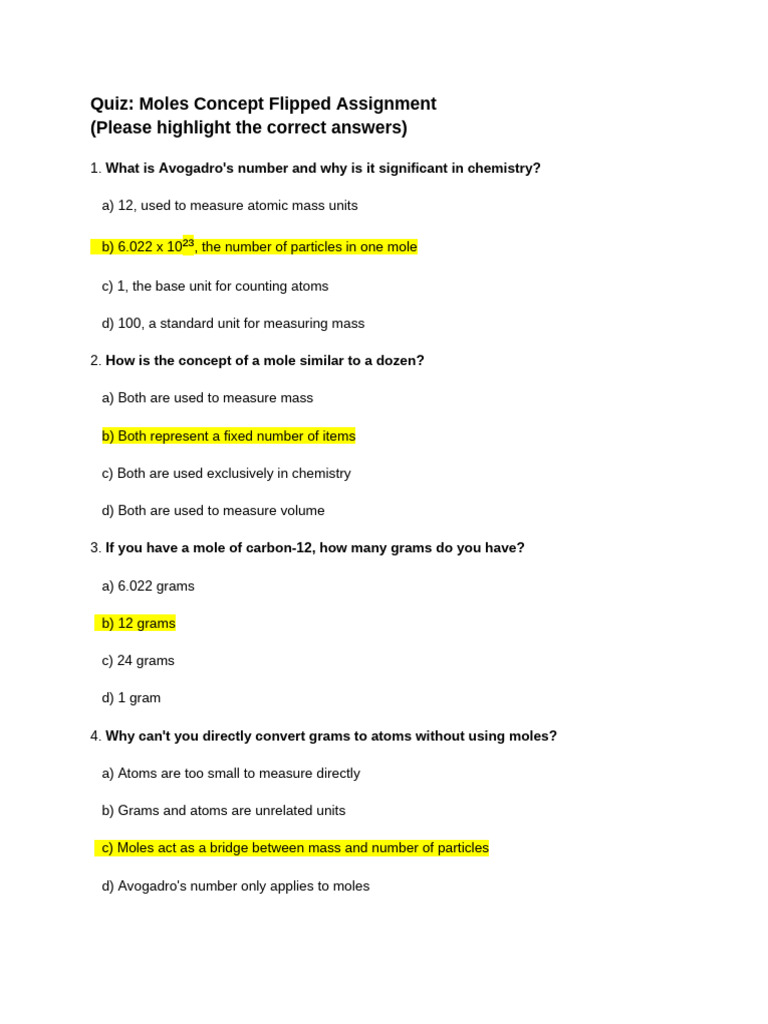 Quiz_ Mole Concepts Flipped Assignment | PDF