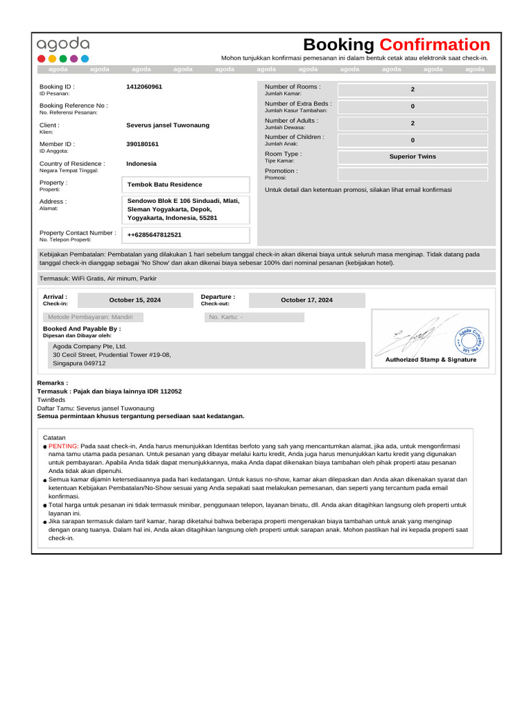 Confirmation_for_Booking_ID_#_1412060961 | PDF