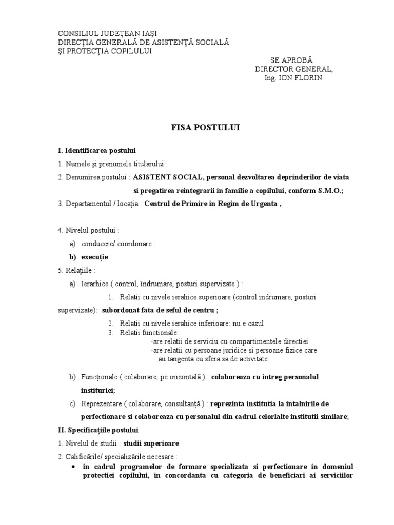 Fisa Post Asistent Social | PDF