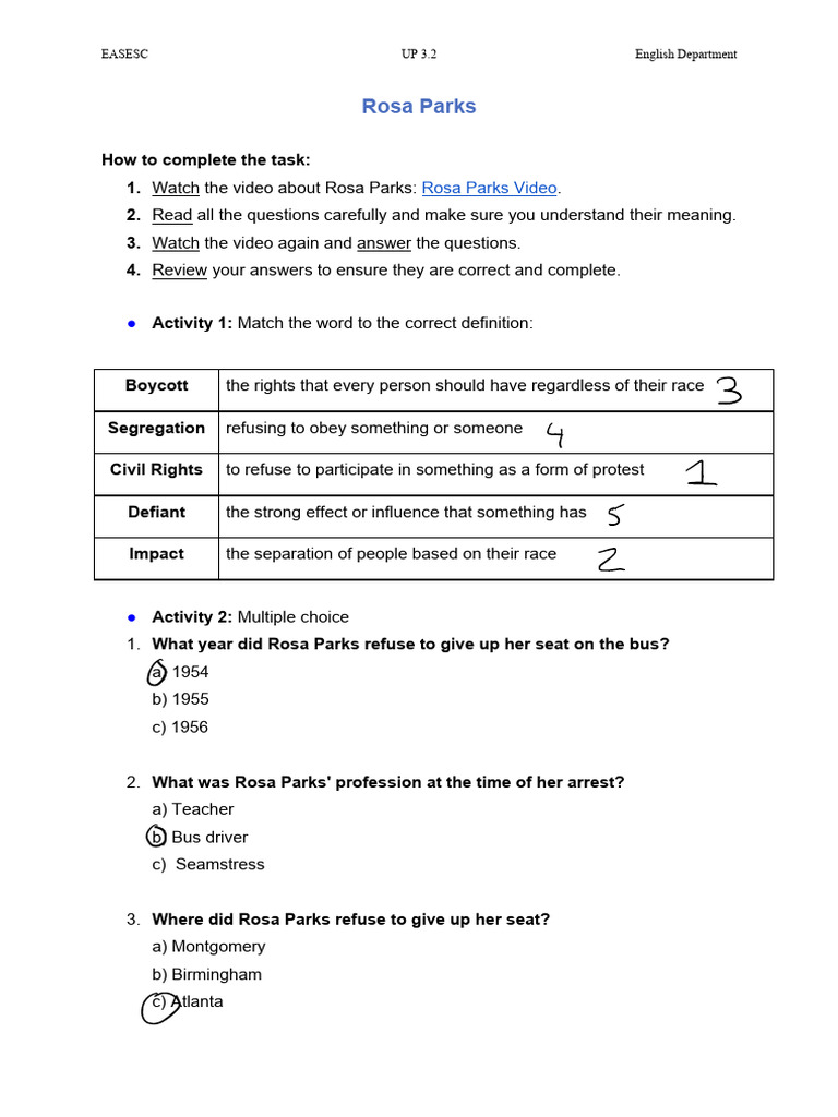 Rosa Parks Video Study Guide | PDF | Rosa Parks