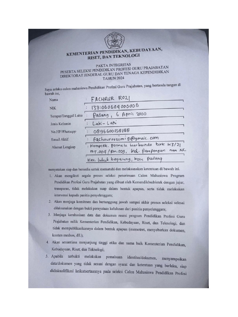Pakta Integritas PPG, Fachrur Rozi | PDF