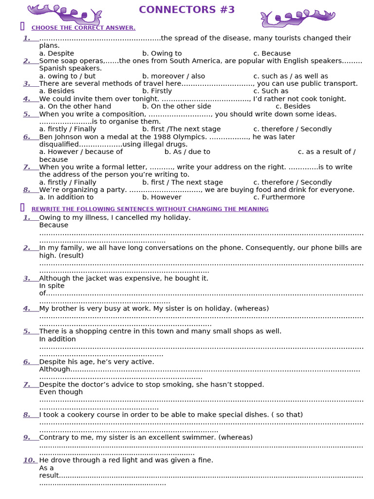 Connectors and Sentence Rewriting Practice | PDF