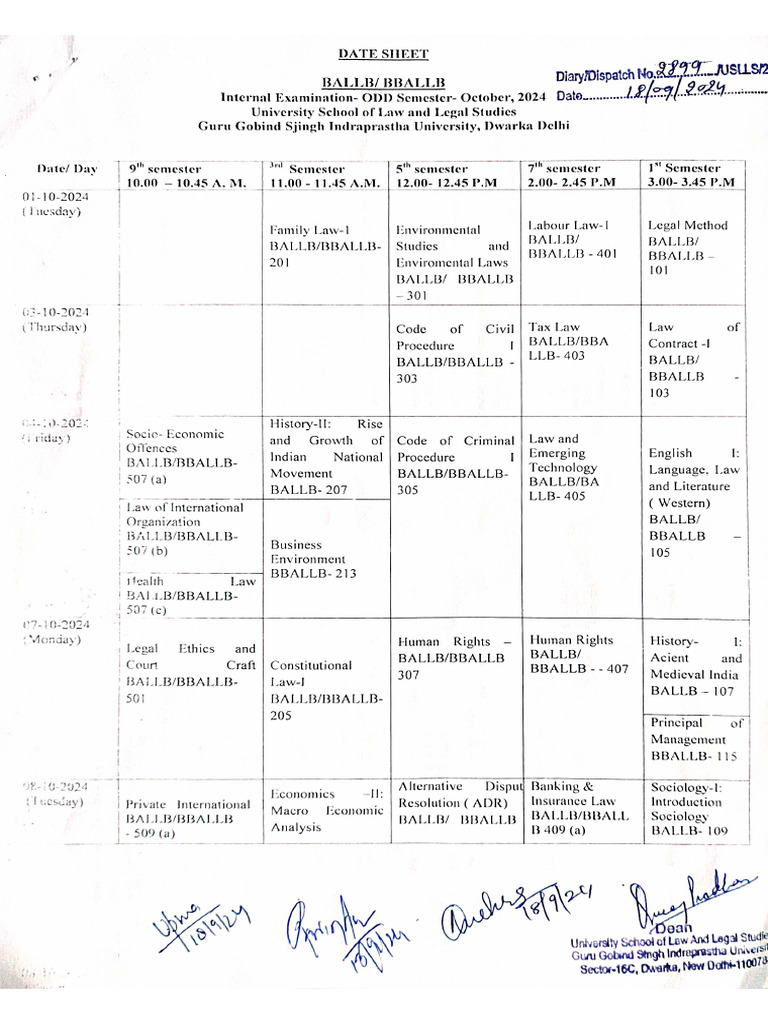 Date Sheet of BALLB & BBALLB Internal Examination- ODD Semester, October, 2024, USLLS | PDF